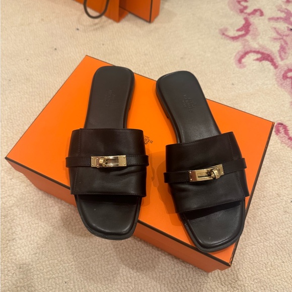 Hermes | Shoes | Hermes Black Leather Slippers With Gold Buckle | Poshmark